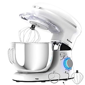 COSTWAY Stand Mixer, 660W Electric Kitchen Food Mixer with 6-Speed Control, 6.3-Quart Stainless Steel Bowl, Dough Hook, Beater, Whisk (White-update)