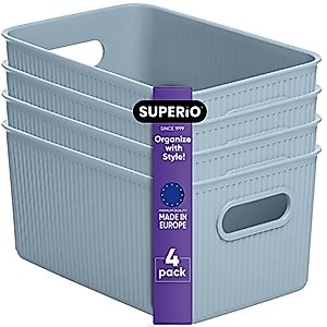 Superio Decorative Plastic Open Home Storage Bins Organizer Baskets, Medium Blue (4 Pack) Container Boxes for Organizing Closet Shelves Drawer Shelf - Ribbed Collection 5 Liter