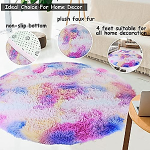 TIMDAM Round Rug for Bedroom, 4 Feet Circle Rug Rainbow Rug for Girls Bedroom, Fluffy Kids Carpet, Cute Fuzzy Nursery Rug, Plush Circular Area Rug, Classroom Rug Small Rug Girls Room Decor