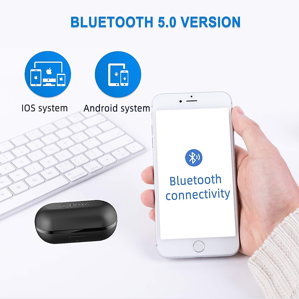 BOYA Wireless Bluetooth Earbuds Touch Control in-Ear Headphones IP44 Sweatproof Hi-Fi Stereo Earphones Dual Connect Headsets with Charging Case & Duration Playtime Built-in Mic for Phone Calls Music