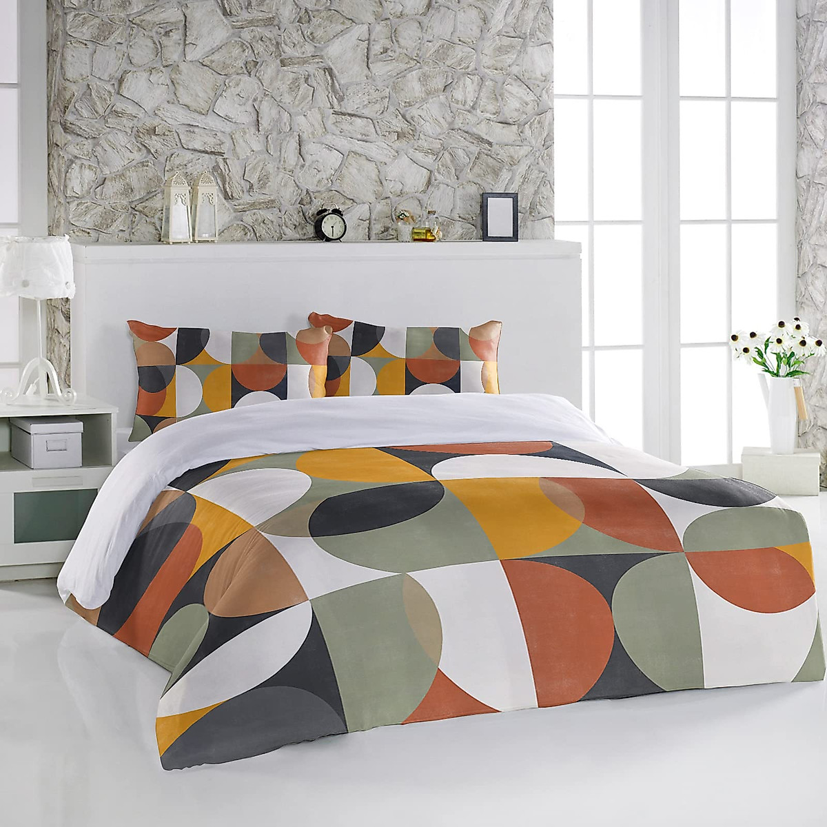 Duvet Cover Set 3 Pieces Queen Bedding Sets Mid Century Abstract Color Block Comforter Cover with Pillowcases Microfiber Bedroom Quilt Covers-Zipper Closure Nordic Style Circle Modern Art