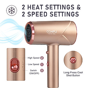 Ionic Hair Dryer, CONFU 1600W Professional Hair Dryer (with Powerful DC Motor) for Hair Care, Powerful Hot/Cool Wind Blow Dryer, 2 Concentrator Nozzles and ALCI Safety Plug for Home Travel Hotel