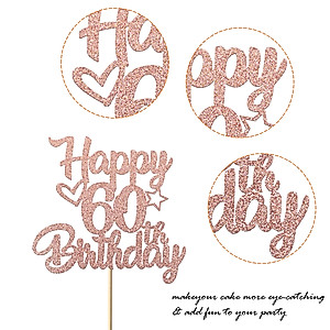1 Pack Happy 60th Birthday Cake Topper Glitter Heart Star 60 Fabulous Cake Pick Birthday Sign Cake Decorations for Children 60th Birthday Theme Party Supplies Rose Gold