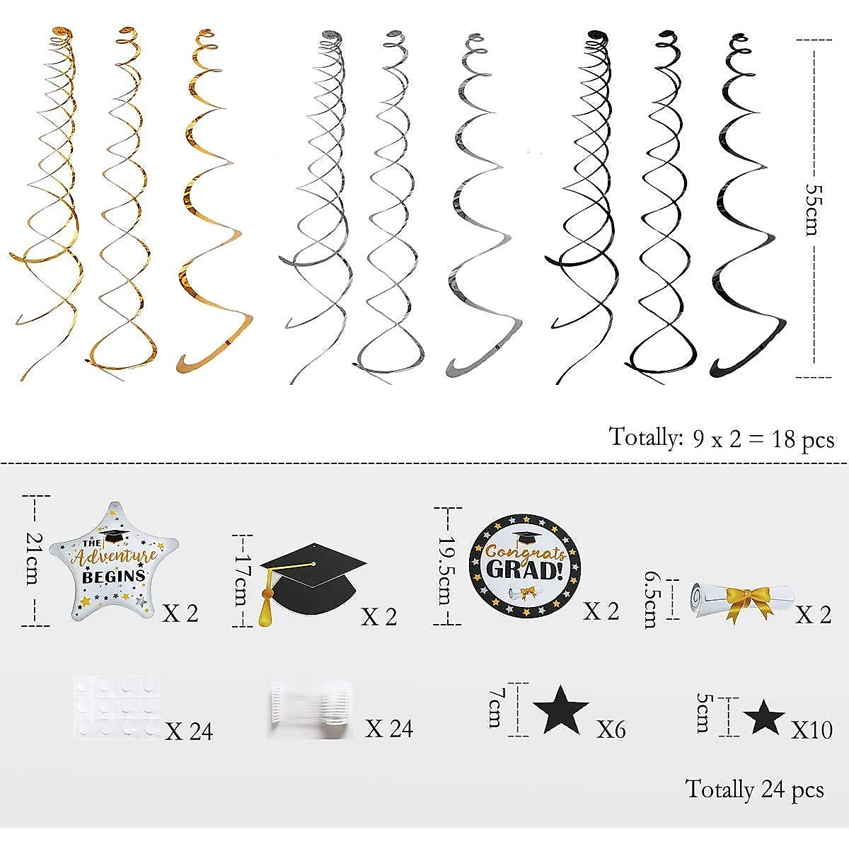 Decor365 Gold Black Silver Graduation Decorations Hanging Swirls Congrats Grad Banner Black Graduation Cap Stars Adventure Begins Dangling Home Classroom Decor for High School/College/University