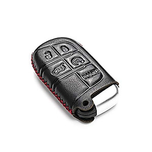 Vitodeco Genuine Leather Smart Key Keyless Remote Entry Fob Case Cover with Key Chain for JEEP, Dodge, Chrysler (5 Buttons, Black/Red)