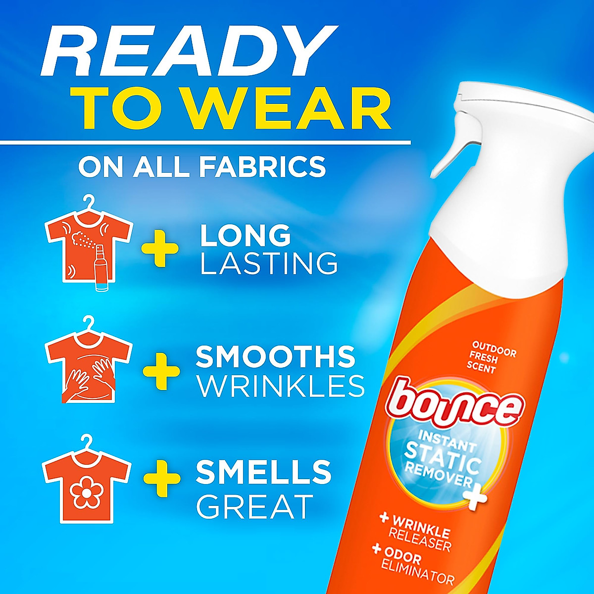 Bounce 3-in-1 Anti Static Spray & Wrinkle Release - Odor Eliminator, Fabric Refresher & Dewrinkle Spray for Clothes, Anti-Wrinkle Spray for Clothing, Travel Size Wrinkle Releaser, 9.7 Fl Oz, Pack of 2