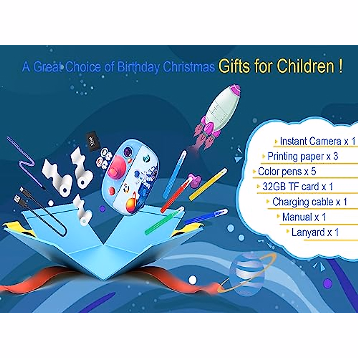 Acadia Kids Camera Instant Print, 12MP Selfie Camera for Kids Instant Print 2.4" Screen 1080P Ink Free Print Camera for Kids Christmas Birthday Gifts for Girls Boys Aged 3 4 5 6 7 8 9 10(Blue)