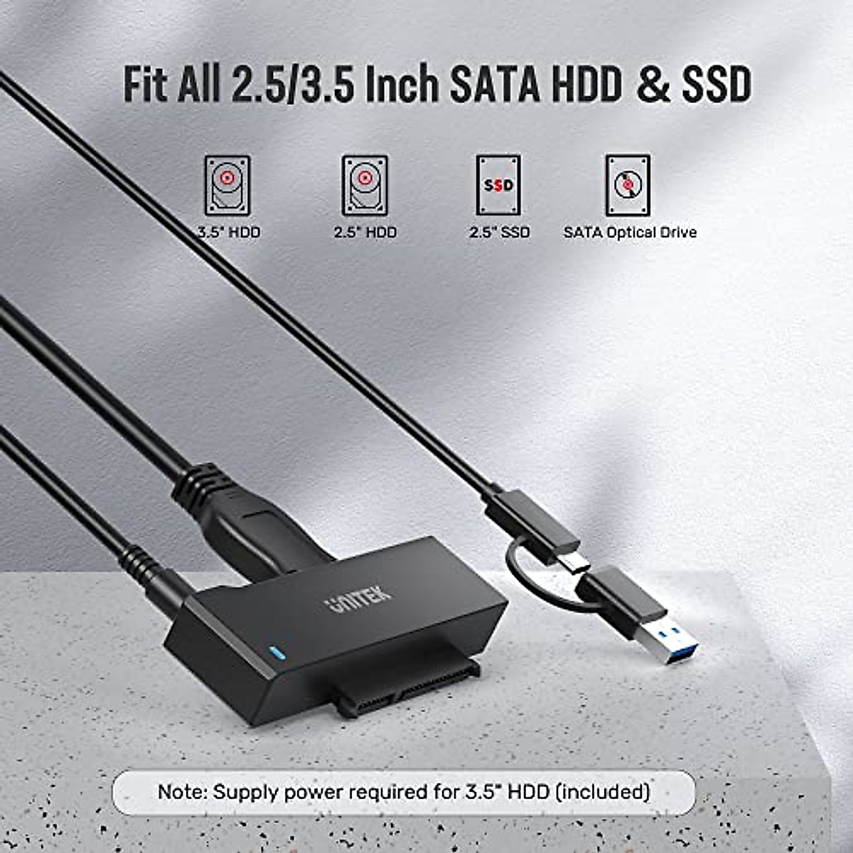 Unitek SATA to USB 3.0 Type C & USB A, SATA III Cable Hard Drive Adapter Converter for Universal 2.5/3.5 SATA HDD/SSD Hard Drive Disk, Optical Drive, Include 12V/2A Power Adapter