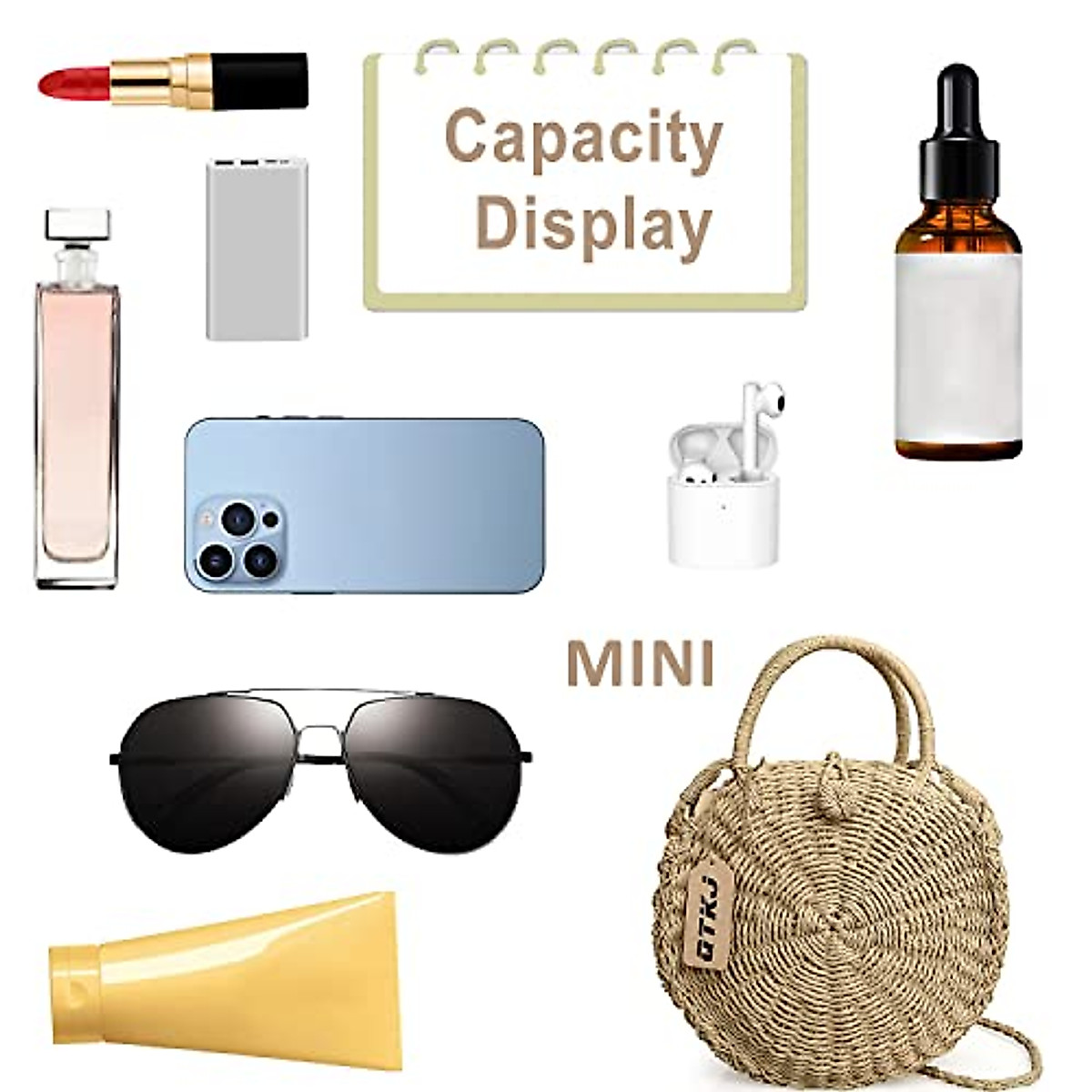 QTKJ Mini Beach Round Rattan Straw Bag, Summer Hand Woven Bali Straw Tote Crossbody Handbag for Womens, Round Handle Beach Handbags (Khaki)