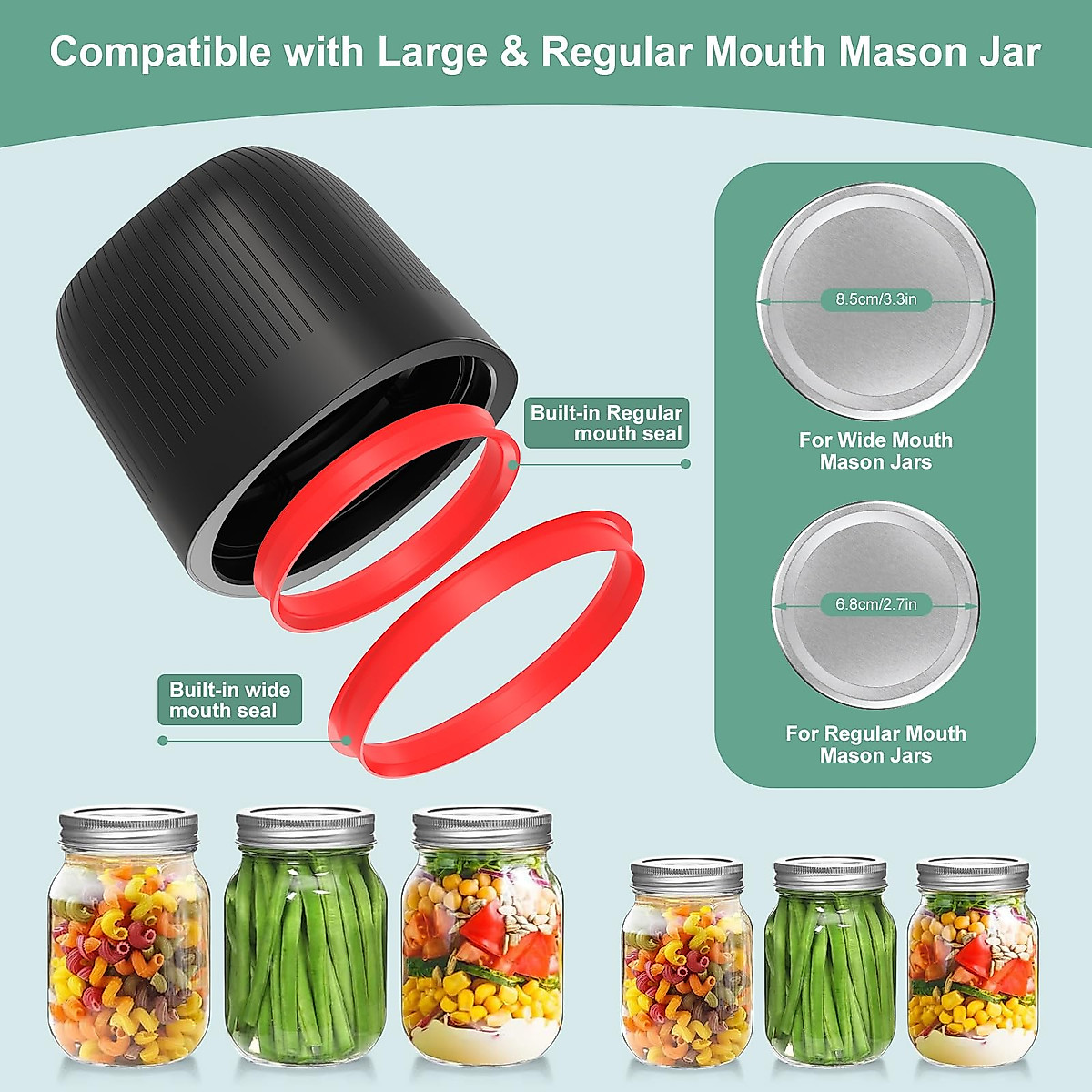 Electric Mason Jar Vacuum Sealer Kit for Wide and Regular Mouth, HUIJUTCHEN Cordless Mason Jar Sealer Vacuum Kit with LED Display for Power, Work Time, Mason Jar Sealer Vacuum (Auto Pause)