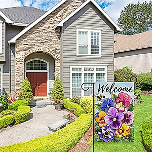 Covido Welcome Spring Summer Pansy Flower Decorative Garden Flag, Floral Yard Outside Decorations, Summer Farmhouse Outdoor Small Home Decor Double Sided 12 x 18