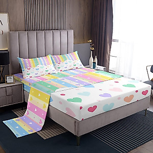 Feelyou Pretty Rainbow Sheet Set for Boys Girls Colorful Love Heart Bed Set Full Size Dot Bed Sheets Bedroom Decor Kawaii Sheets Bedding Collection 4Pcs,1 Fitted Sheet+2 Pillow Sham+1 Flat Sheet