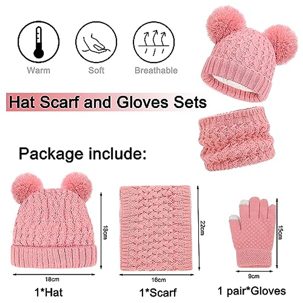 Enwokran Kids Winter Knit Beanie Hat Scarf and Touchscreen Gloves Set,Fleece Lining Beanie Hat with Cute Pom Knit Gloves Neck Warmer for Girls Boys 2-8 Years Old (Deep Pink2)