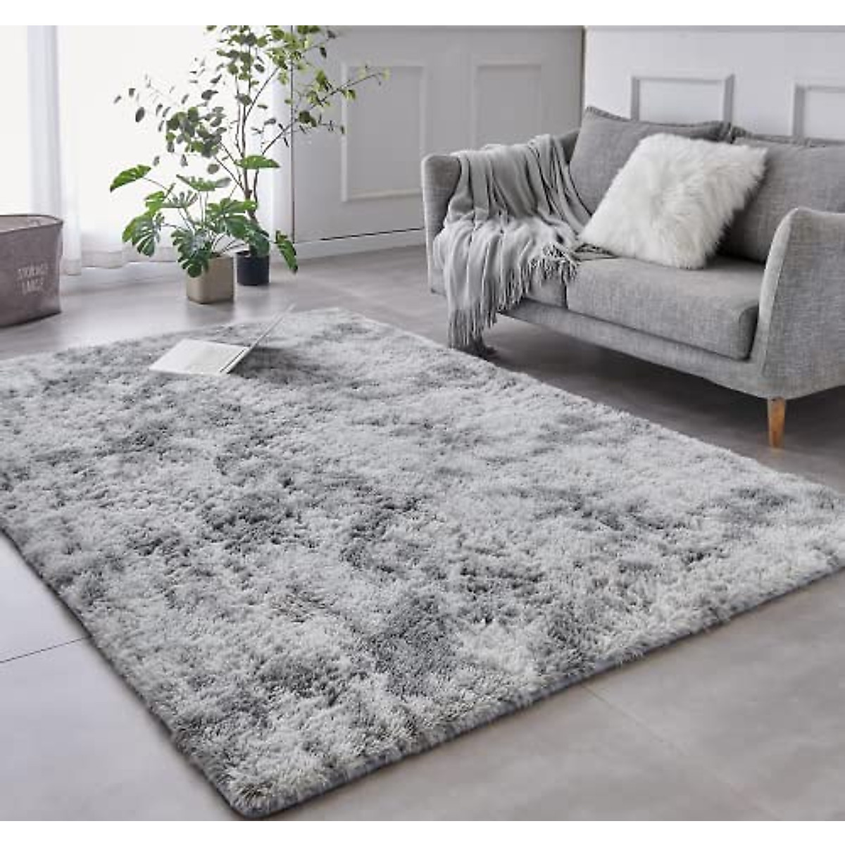 TABAYON 8 x 10 Feet Shag Area Rugs, Ultra Soft Indoor Modern Nursery Rug, Tie-Dyed Light Grey Plush Shaggy Throw Carpets for Boy and Girls Room Dorm Living Room