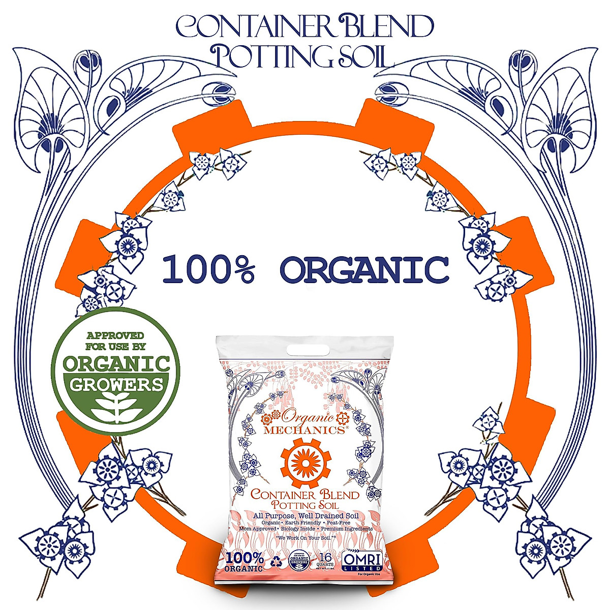 Organic Mechanics Container Blend Potting Soil, 16 Quarts – with Compost, Aged Pine Bark, Coir, Rice Hulls, and Worm Castings for Growing Annuals & Outdoor Containers - Peat-Free & Eco-Friendly