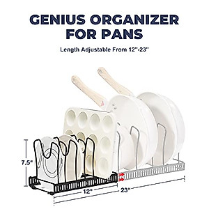 BRONYPRO Expandable Pots and Pans Organizer For Kitchen Cabinet, Rustproof Kitchen Organization And Storage Rack with 12 Slots, Anti-Scratch for Baking Sheet, Pans, Lids, Kitchen Must Have (Black)