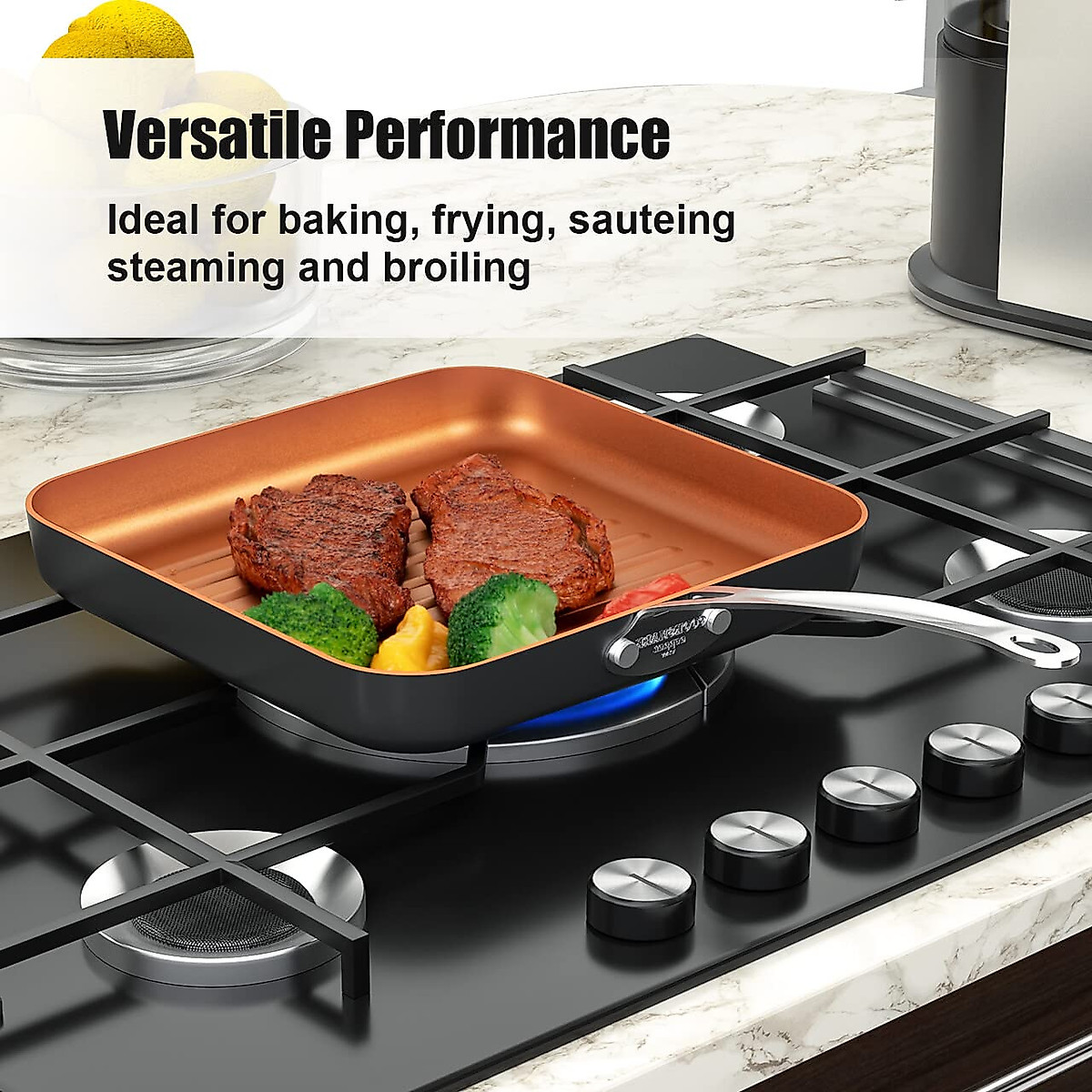 10 Inch Griddle Pan,Non Stick Grill Pan for Electric Stove Top Oven Suitable Copper Skillet Deep Square Fry Pan with Stainless steel Handle