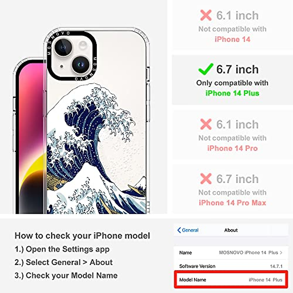 MOSNOVO Compatible with iPhone 14 Plus Case, [Buffertech 6.6 ft Drop Impact] [Anti Peel Off Tech] Clear TPU Bumper Phone Case Cover with Aesthetic Tokyo Wave Designed for iPhone 14 Plus 6.7"