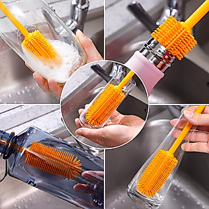 Purtribe 3-in-1 Silicone Bottle Brush and Straw Cleaning Brush Set, Water Bottle Cleaner Brush for Washing Narrow Neck Containers, Vacuum Sports Bottle, Tumblers, Flask, Vase and Glassware (Red)