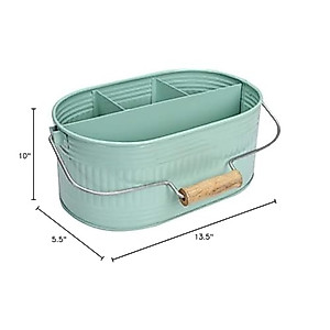 Alpha Living Home Farmhouse Utensil Caddy Carry-All Serveware-Galvanized Metal Organizer for Kitchen Counter-Comfort Wooden Handle In/Outdoor Storage For Flatware,Condiments,Party Cutlery,Arts-TEAL