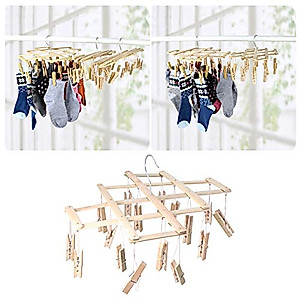 Cabilock Foldable Clip Hangers with Drying Clips Wood Underwear Hanger with 16pcs Clips Wooden Laundry Clip and Drip Drying Hanger for Socks Bras Lingerie Clothes Drying Rack 2pcs