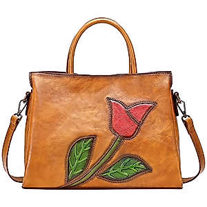 CHERISH KISS Soft Genuine Leather Satchel Bags for Women Purses and Handbags Vintage Embossed Floral Shoulder Bag(K7 Brown)