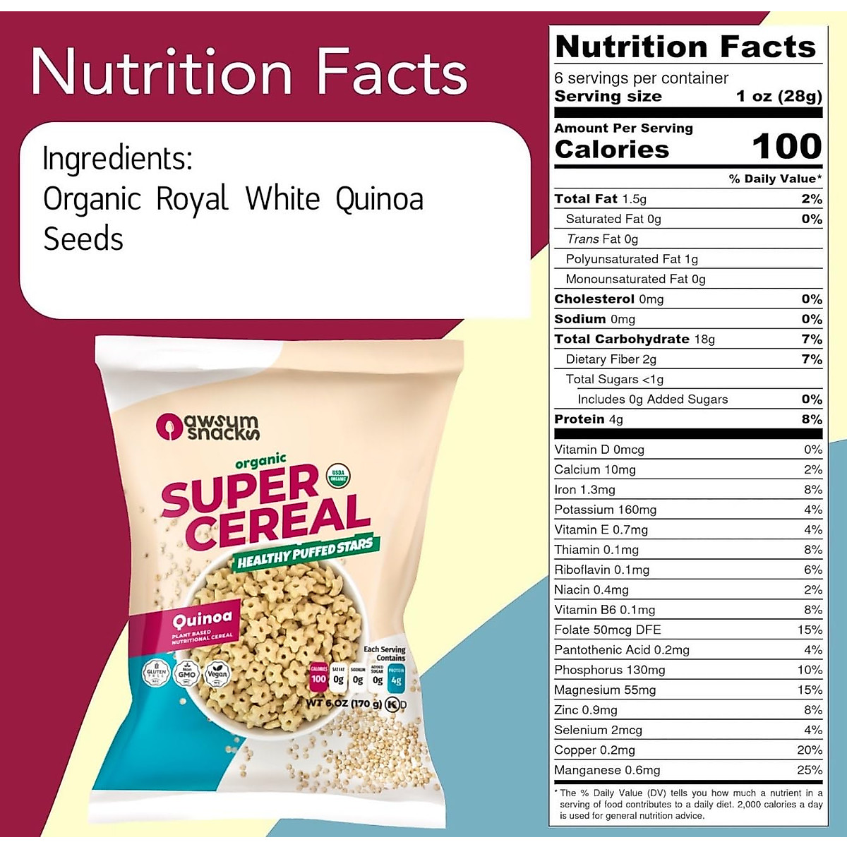 Awsum Snacks SUPERCEREAL 6oz - Certified USDA Organic, Vegan, Gluten Free, Non GMO, Kosher & Grain, Dairy and Sugar Free Cereals - Diabetic Healthy Snack - Cereal Puffed Quinoa Plain