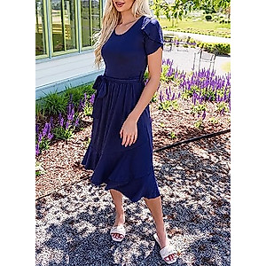 Dokotoo Womens 2023 Summer Spring Dresses Casual Wrap Round Neck Short Puff Sleeve Belt A-Line Ruffle Hem Formal Midi Dress Blue Medium