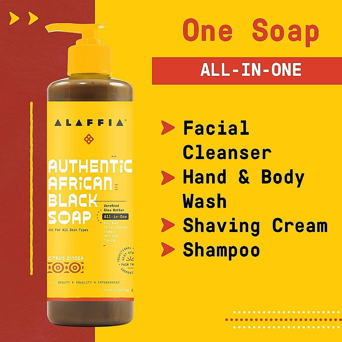 Alaffia Skin Care, Authentic African Black Soap, All in One Body Wash, Face Wash, Shampoo & Shaving Soap with Fair Trade Shea Butter, Wild Lavender, 16 Fl Oz