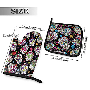 TOLUYOQU Oven Mitts Flower Sugar Skull Non-Slip Heat Resistant Kitchen Oven Gloves with Potholder for Cooking Baking