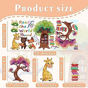 Colorful Inspirational Wall Decals,Reading Animals Wall Stickers Nursery Decor,Cartoon Tree Animal Wall Stickers Peel and Stick,Reading Wall Decal Baby Classroom Kids Room Bedroom Reading Corner Decor