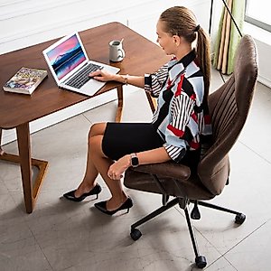 ovios Office Chair, Mid Century Modern Chair with Lumbar Support, Ergonomic High Back Suede Leather Executive Chair with Swivel Rolling Wheels, Dark Brown