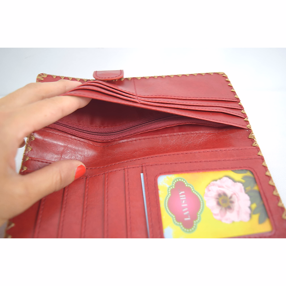 Skelapparel Tattoo Art love forever Sparrow birds embroidered Large flat wallet (Red)