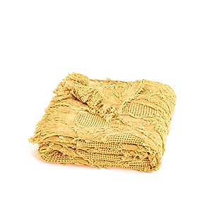 Simple&Opulence 100% Cotton Throw Blanket for Bed, Couch, Boho Textured Geometric Knit Woven Blanket with Tassels Soft, Lightweight Breathable Shabby Chic Farmhouse Decoration for All-Season(Yellow)