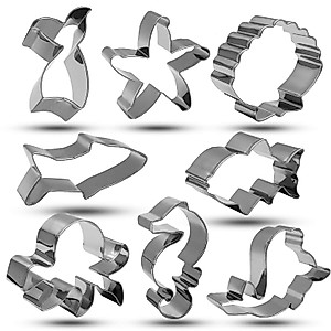 Bonropin Under The Sea Creatures Cookie Cutter Set - 8 Piece Stainless Steel Cutters Molds Cutters for Making Shark, Mermaid Tail, Seahorse, Starfish, Seashell, Octopus, Clownfish, Seal