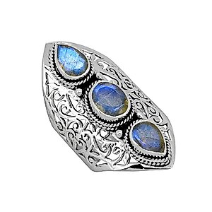 YoTreasure Labradorite Solid 925 Sterling Silver 3 Stone Ring