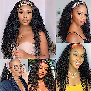 YISEA Headband Wig Human Hair Curly Wigs with Headband for Black Women 12 Inch Deep Wave Machine Made None Lace Front Wig 150% Density Brazilian Virgin Short Bob Wigs