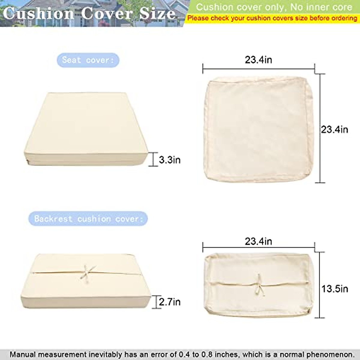 Qaworci Outdoor Cushion Slipcovers, Waterproof Patio Cushion Covers Replacement, Washable Patio Cushion Covers, Cushion Covers for Patio Furniture with Zipper (Beige)