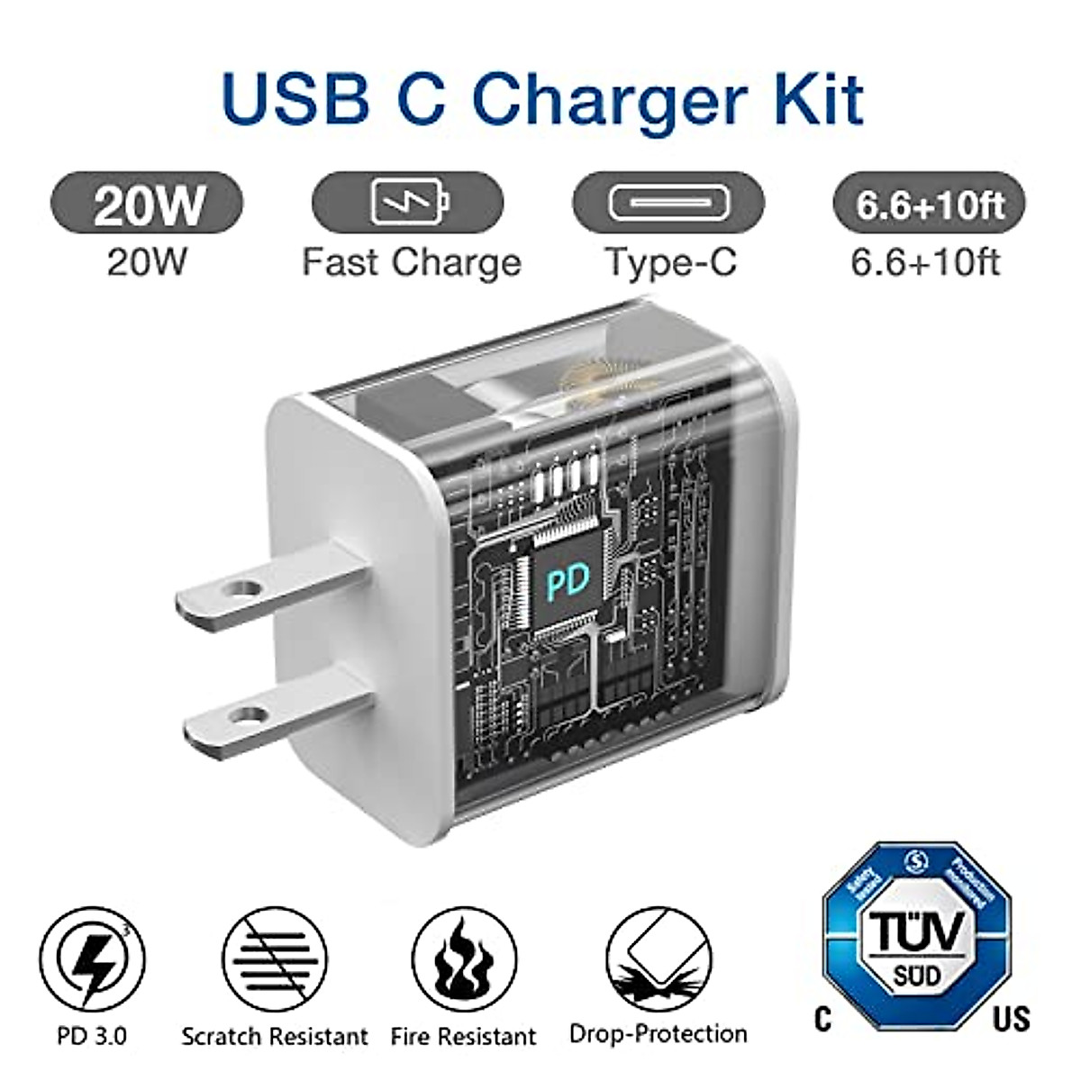 【MFi Certified】 iPhone Fast Charger 2Pack 20W PD USB C Wall Charger with 6.6FT&10FT USB C to L ightning Cable Fast Charging Adapter for iPhone 14/14Plus/14 Pro/14 Pro Max/13/13 Pro/13 Pro Max/12