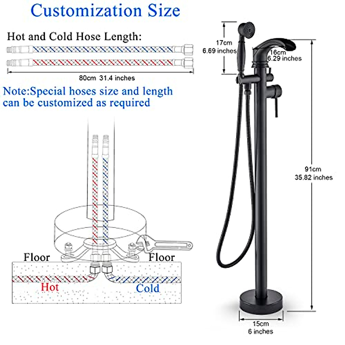 Senlesen Matte Black Bathroom Single Handle Freestanding Bathtub Faucet Floor Mounted Waterfall Tub Filler with Hand Shower Set