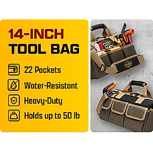 The Ryker Bag 14 Inch Tool Bag Organizer Small Tool Bag Heavy Duty Tool Bags for Men/Women. Wide Mouth electrician tool bag small 22Pockets Toolbag soft tool bag mechanic tool bag &plumbing tool bag