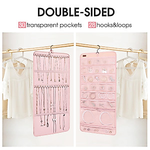 Sopito Hanging Jewelry Organizer, Foldable Jewelry Holder Organizer Dual-Sided with Hanger Metal Hooks for Necklaces Rings Earrings