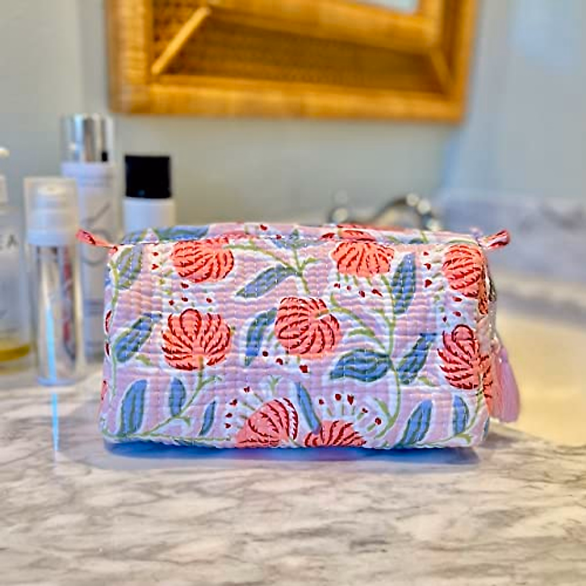 Block Print Designer Toiletry Bag & Makeup Case - Boho Floral Quilted Pouch for Cosmetics, Skincare - Waterproof Lined Organizer for Diaper Bag, Purse, Travel, Gift, Pencils (Pink Multi Floral)