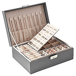 ProttyLife Jewelry Box for Girls, Jewelry Organizer for Women Travel Jewelry Organizer 2 Layer Earring Necklaces Organizer with Lock Gifts(GRAY)