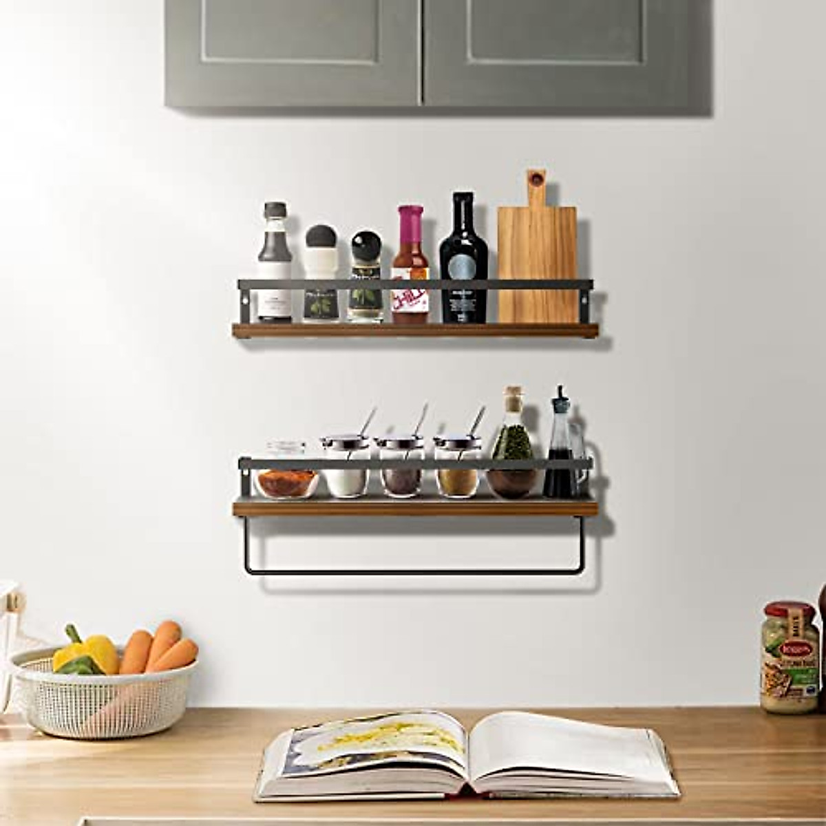 YIHATA Floating Wall Shelves with Towel Shelf, Set of 2 Wood Wall Storage Shelves for Kitchen, Bedroom, Bathroom, Office