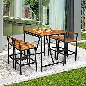 Tangkula 5-Piece Outdoor Acacia Wood Bar Table Set, Bar Height Outdoor and Rattan Dining Set, Rectangular Bar Table with Umbrella Hole and 4 Bar Stools for Patio, Garden and Backyard (Black)