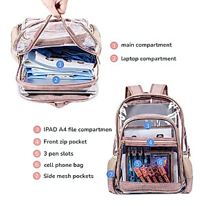HIQUAY Heavy Duty Multi-Pockets Transparent Bookbag Clear Backpack Large Capacity See Through Backpack for Office (Pink)