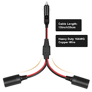 [Upgraded Version] Electop 1 to 2 Car Cigarette Lighter Splitter Adapter Power Charger Port, 12V 24V Plug Socket 2-Way Splitter Y Adapter, 10 inch Cigarette Lighter Extension Cord 16AWG with 15A Fuse