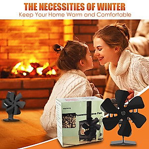 GQLife-ing Heat Powered Stove Fan, 6 Blades Wood Fan with Magnetic Thermometer, Non Electric Fireplace Silent Motor for Wood/Log Stoves/Fireplace, Efficiently Circulate Warm Air Saving Fuel Black