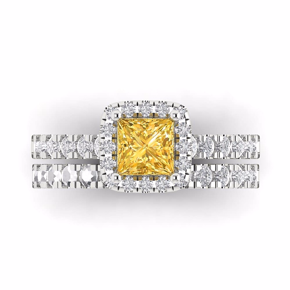 Clara Pucci 1.54 carat Princess Cut Halo Solitaire Natural Citrine Engagement Wedding Anniversary Bridal Ring band set 14k White Gold 6.5